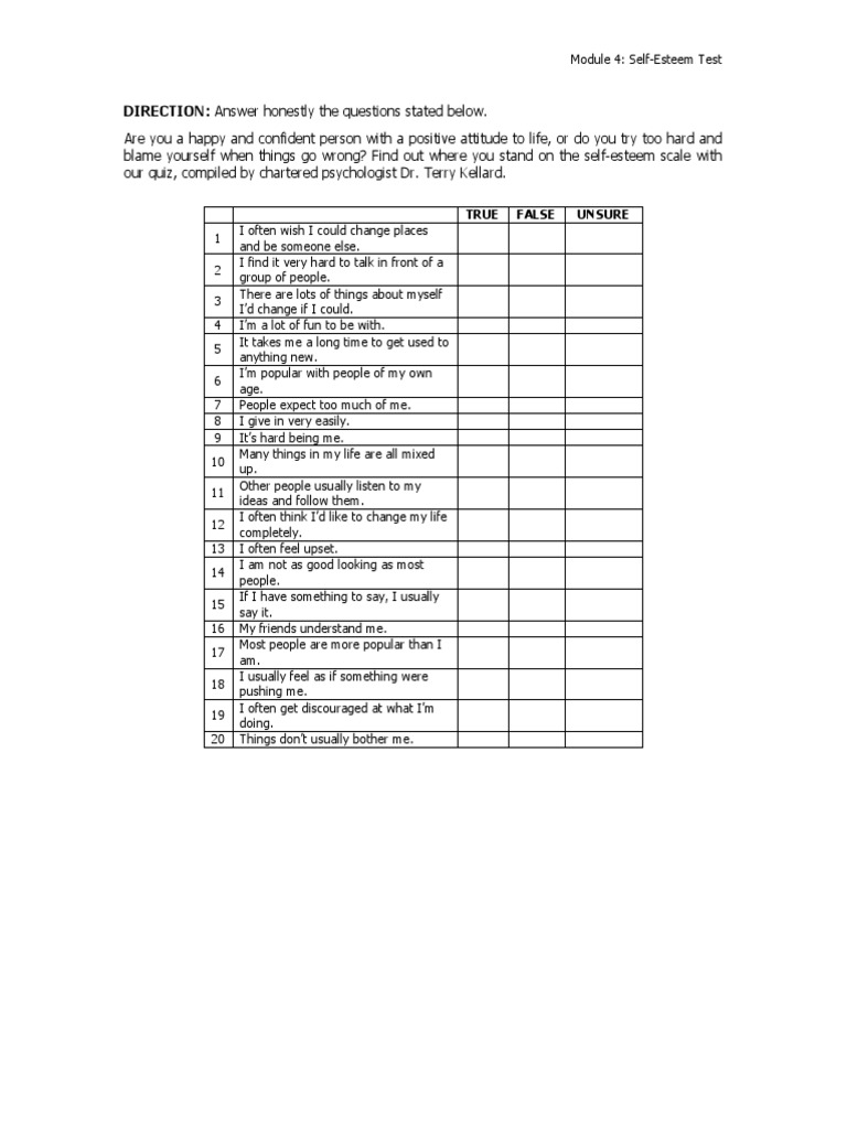 Module 4 Self Esteem Test Pdf Pdf Psychological Concepts Psychology