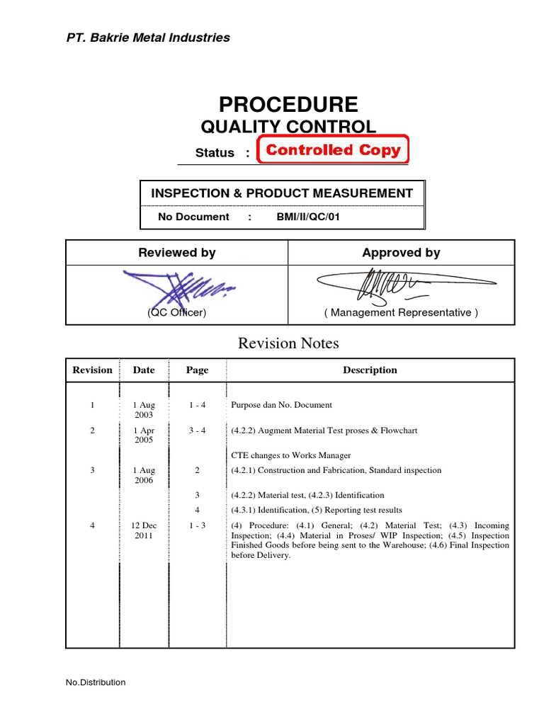 Quality Control Procedure Inspection & Measurement | PDF | Industries ...