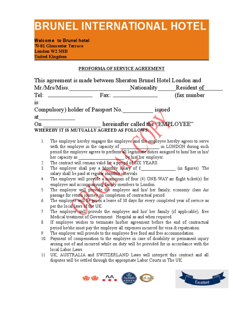 Proforma of Service Agreement | PDF | Travel Visa | Employment