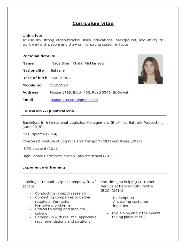 Nada CV | PDF | Bahrain | Logistics