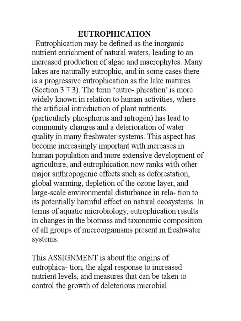 Eutrophication Assignment November 2013 | PDF | Eutrophication | Lake
