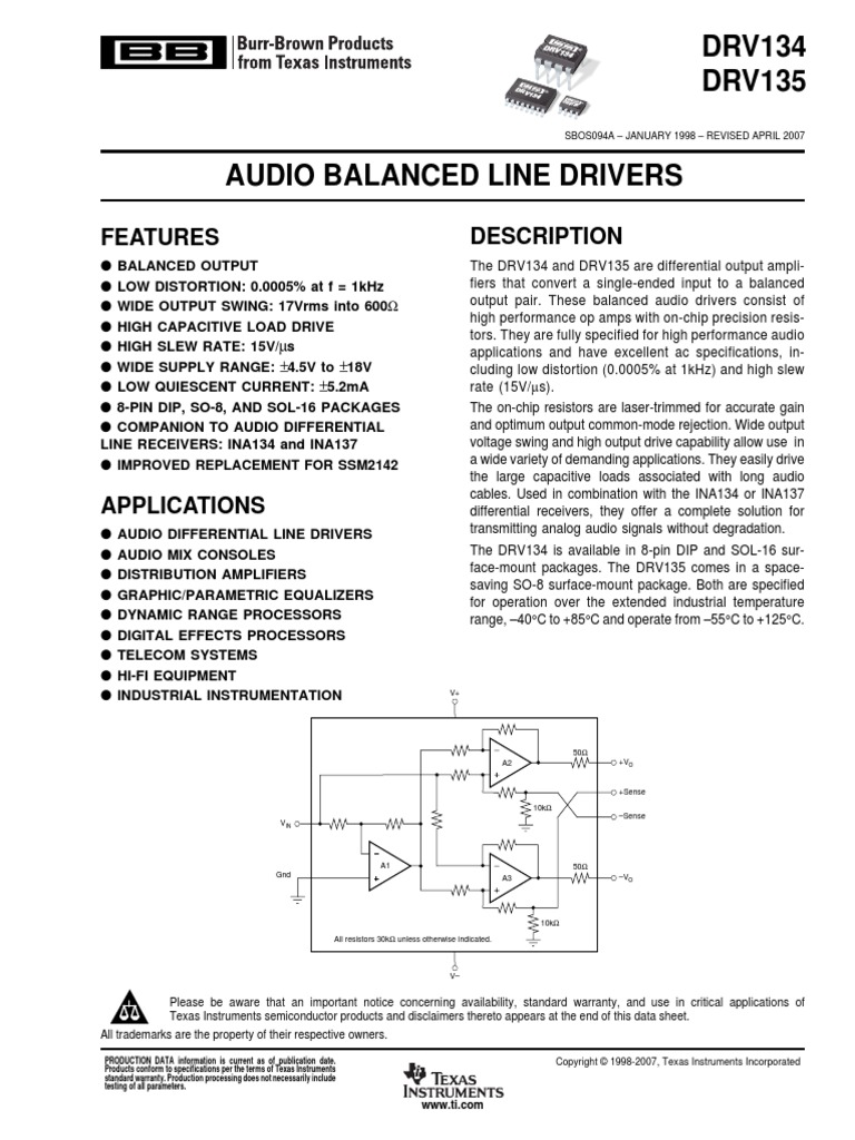 DRV134 PDF | PDF | Amplifier | Operational Amplifier