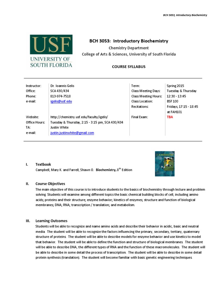 BCH 3053 Intro Biochem Syllabus | PDF | Metabolism | Proteins