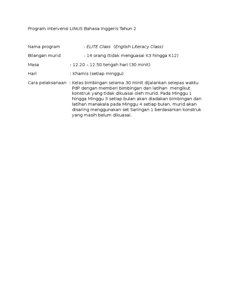 Program Intervensi LINUS Bahasa Inggeris Tahun 2 | PDF