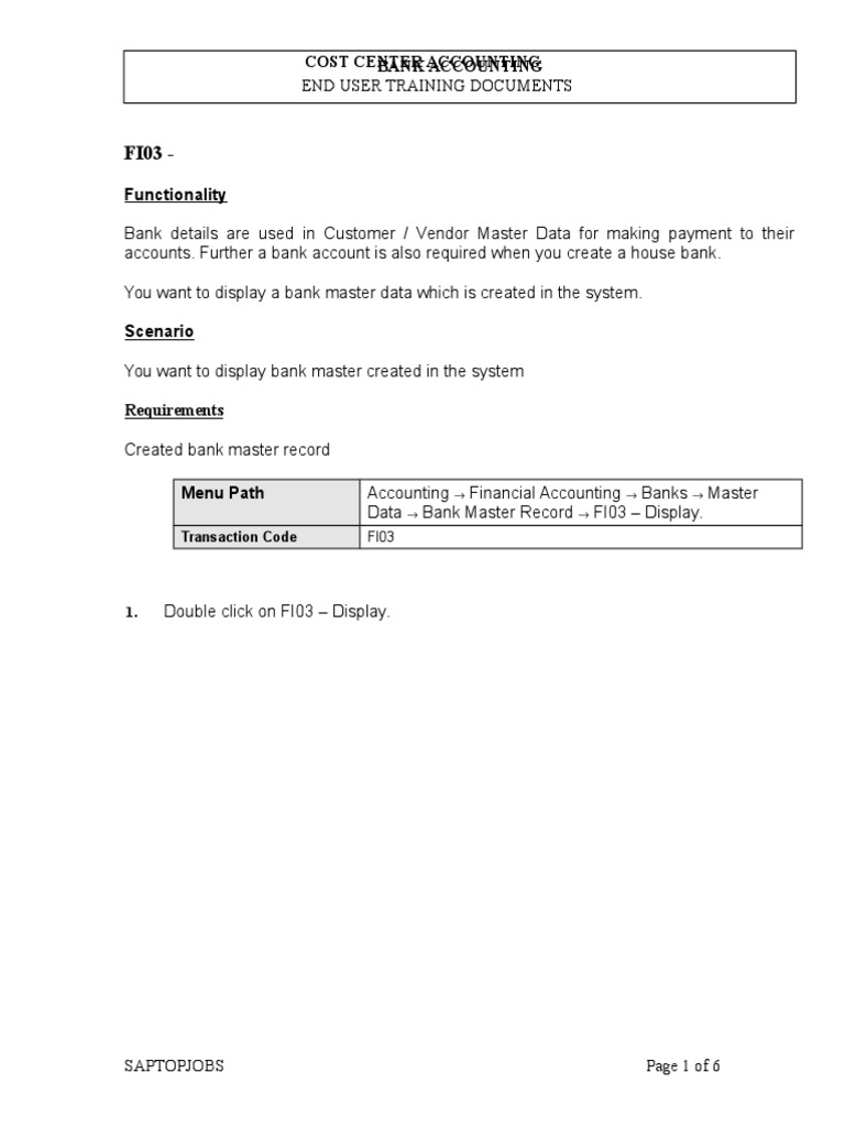 FI03 Bank Master Data - Display Bank | PDF | Business | Finance & Money ...