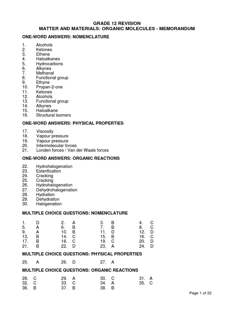 Organic Chemistry Grade 12 Revision Memorandum | PDF | Intermolecular ...