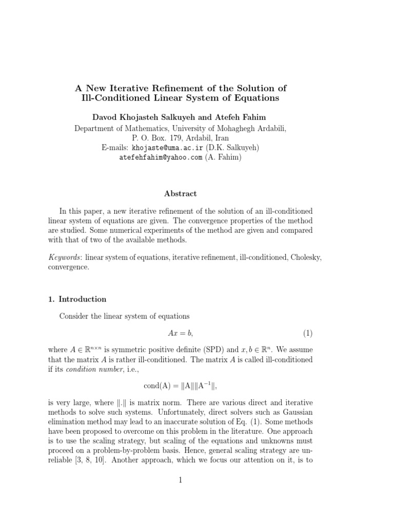 A New Iterative Refinement of The Solution of Ill-Conditioned Linear System of Equations | PDF ...