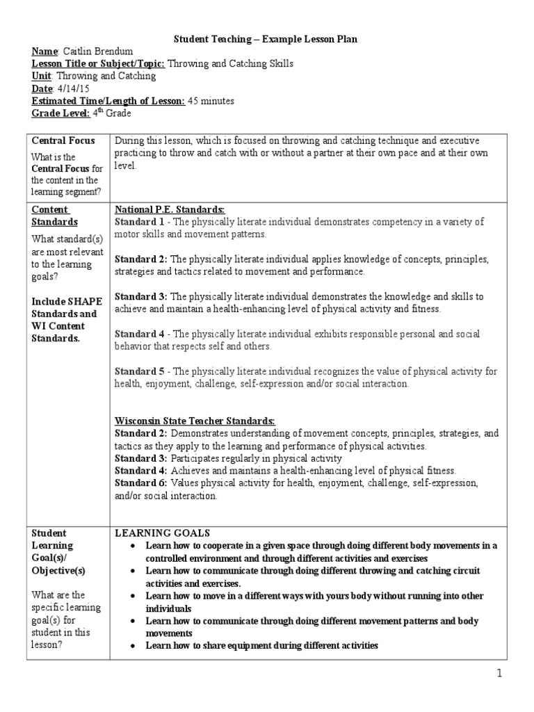 Throwing and Catching Skills Lesson Plan | PDF | Educational Assessment ...