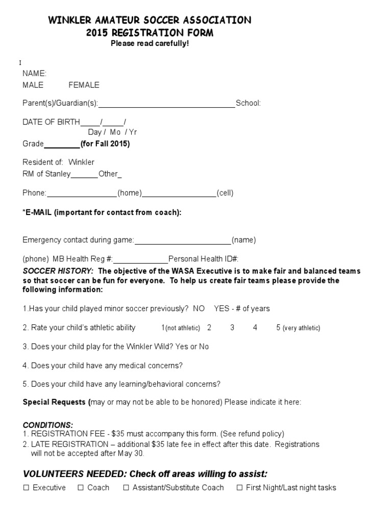 PDF Soccer Registration Forms 2015 PDF | PDF | Consent | Social ...