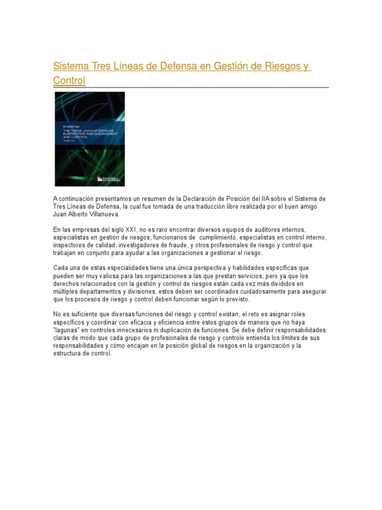 Sistema Tres Líneas de Defensa en Gestión de Riesgos y Control | PDF ...
