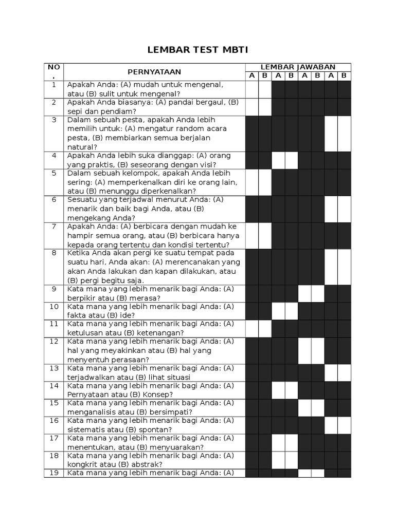Lembar Tes Kepribadian MBTI | PDF