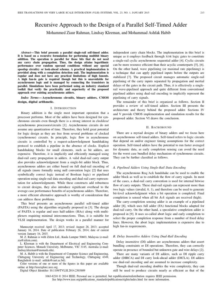 Parallel Self Timed Adder Pdf Cmos Electronic Engineering