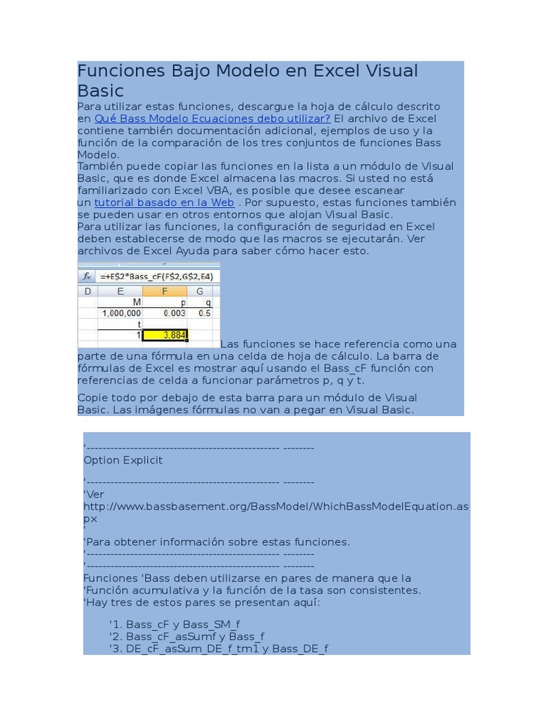 Funciones Bajo Modelo en Excel Visual Basic | Descargar gratis PDF | Ecuaciones | Microsoft Excel