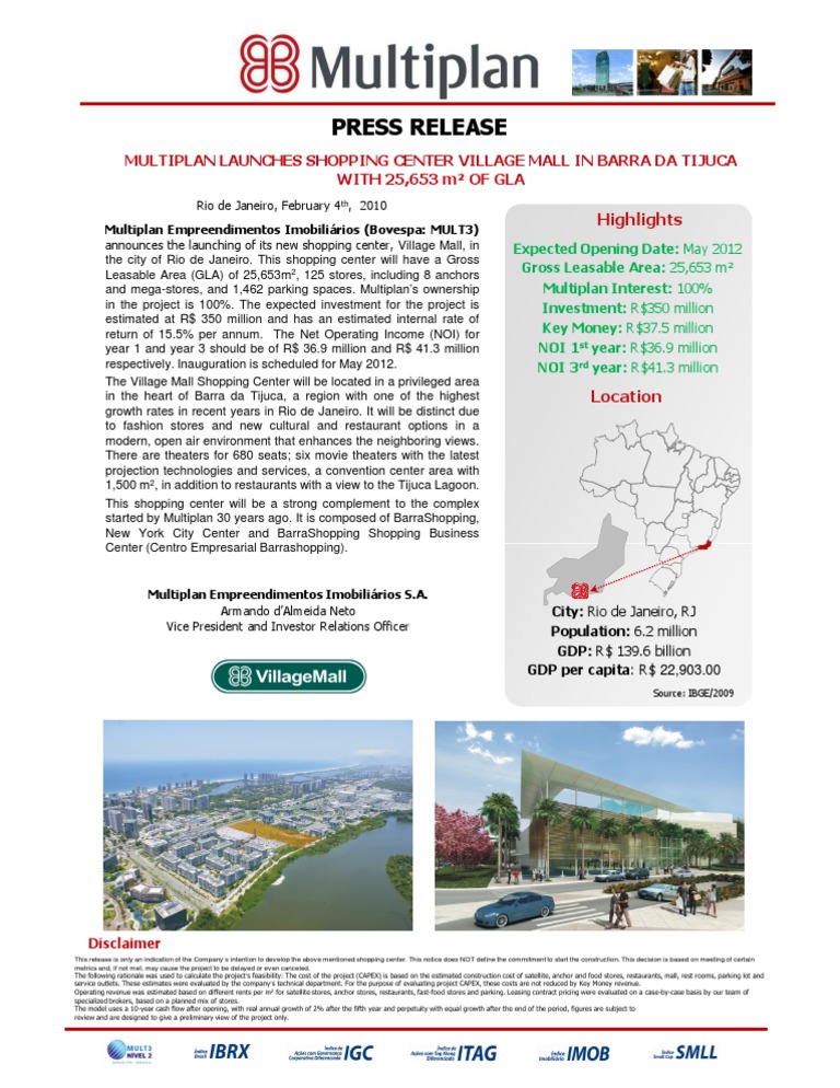 Press Release: Multiplan Launches Shopping Center Village Mall in Barra ...