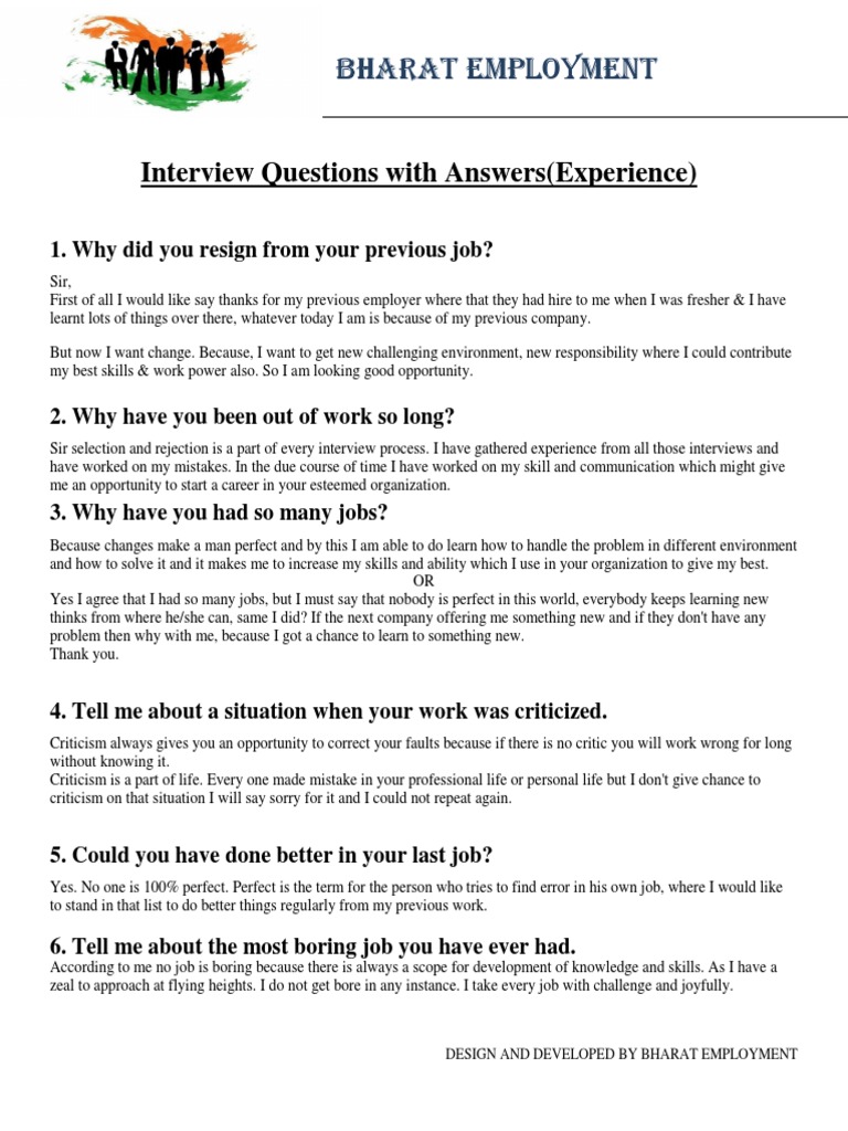 Interview Questions With Answers (Experience) : Bharat Employment | PDF ...