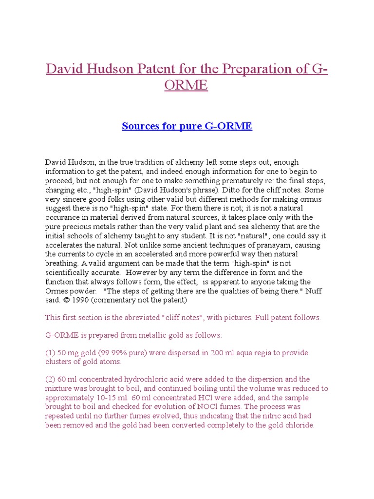 David Hudson Patent For The Preparation of G-OrME | PDF | Electron ...