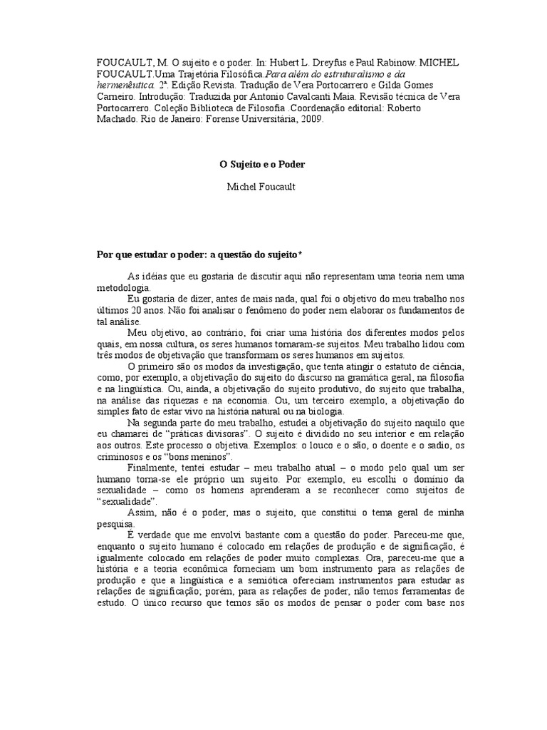 Foucault, Michel - o Sujeito e o Poder | PDF | Poder (social e político) | Estado