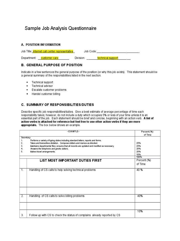 Sample Job Analysis Questionnaire: B. General Purpose of Position | PDF ...