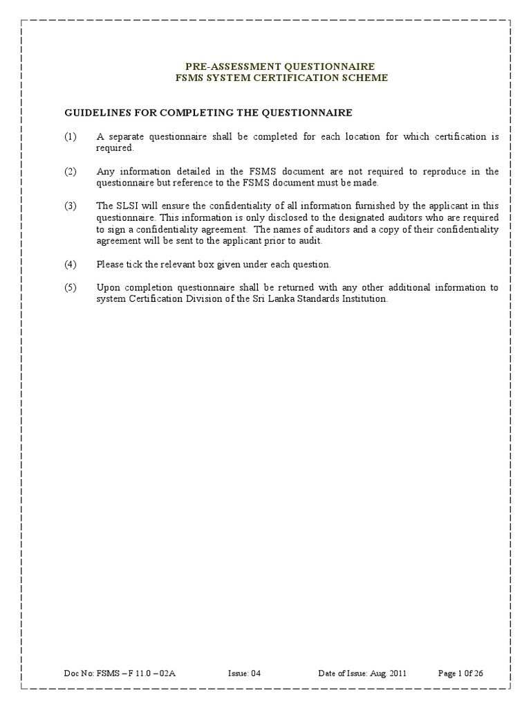 Pre Assessment Questionnaire-Fsms | PDF | Food Safety | Audit