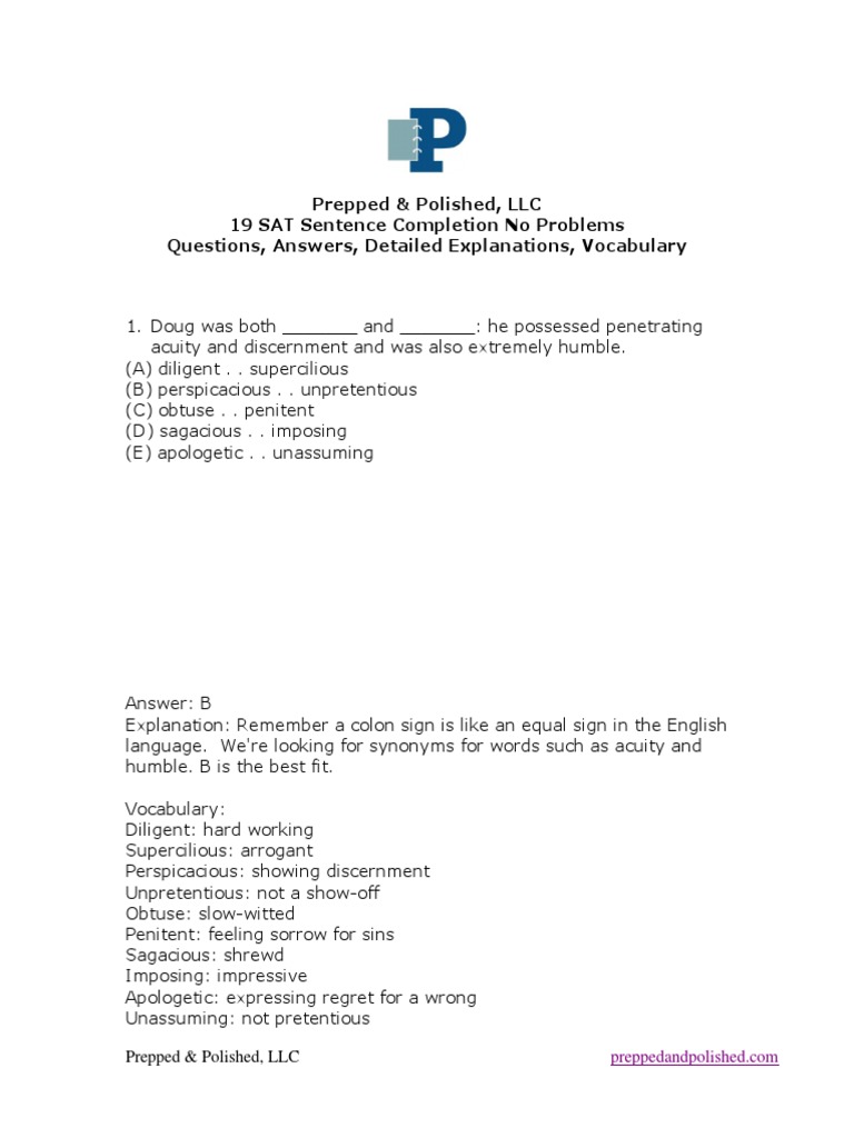 19 SAT Sentence Completion No Problems | PDF | Sentence (Linguistics ...
