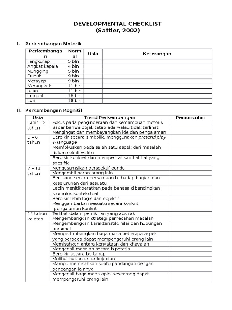 DEVELOPMENTAL CHECKLIST (Sattler & Marotz + Allen) | PDF