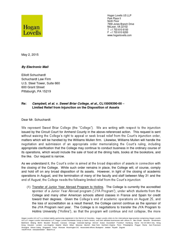 Letter From Sweet Briar Counsel Asking To Dispose of Assets | PDF ...