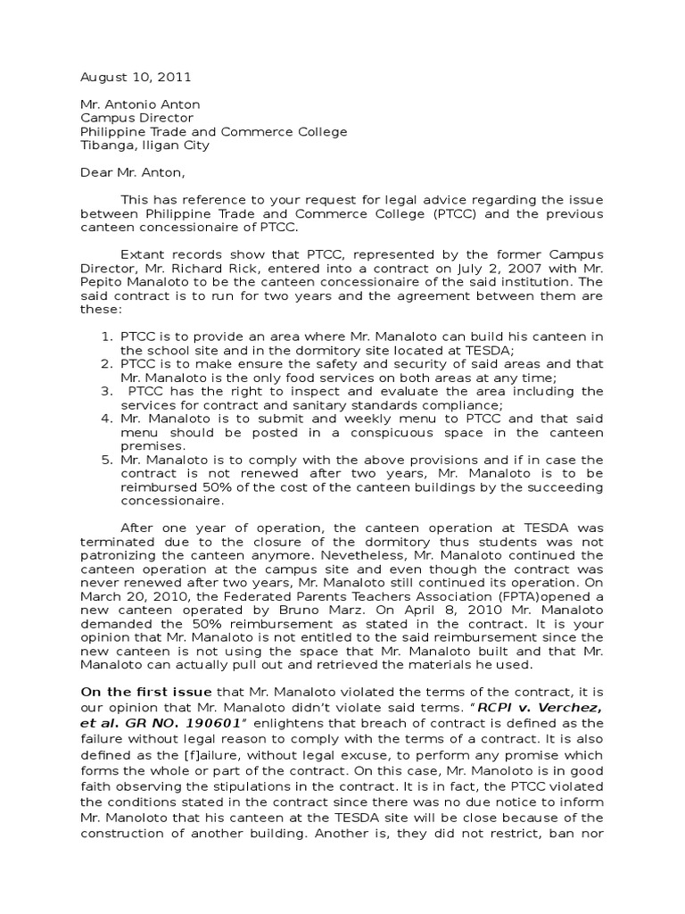 Sample Legal Opinion 3 Write Up PDF Contractual Term Equity Law 