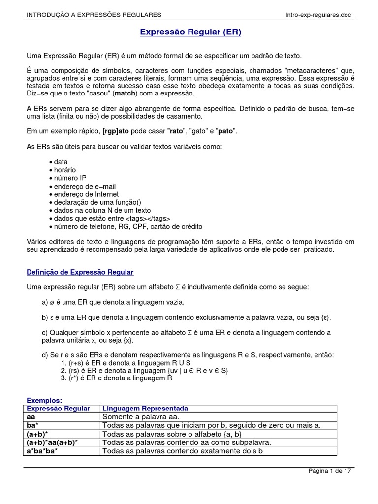 Expressões Regulares PDF | PDF | Expressão regular (Ciência da ...