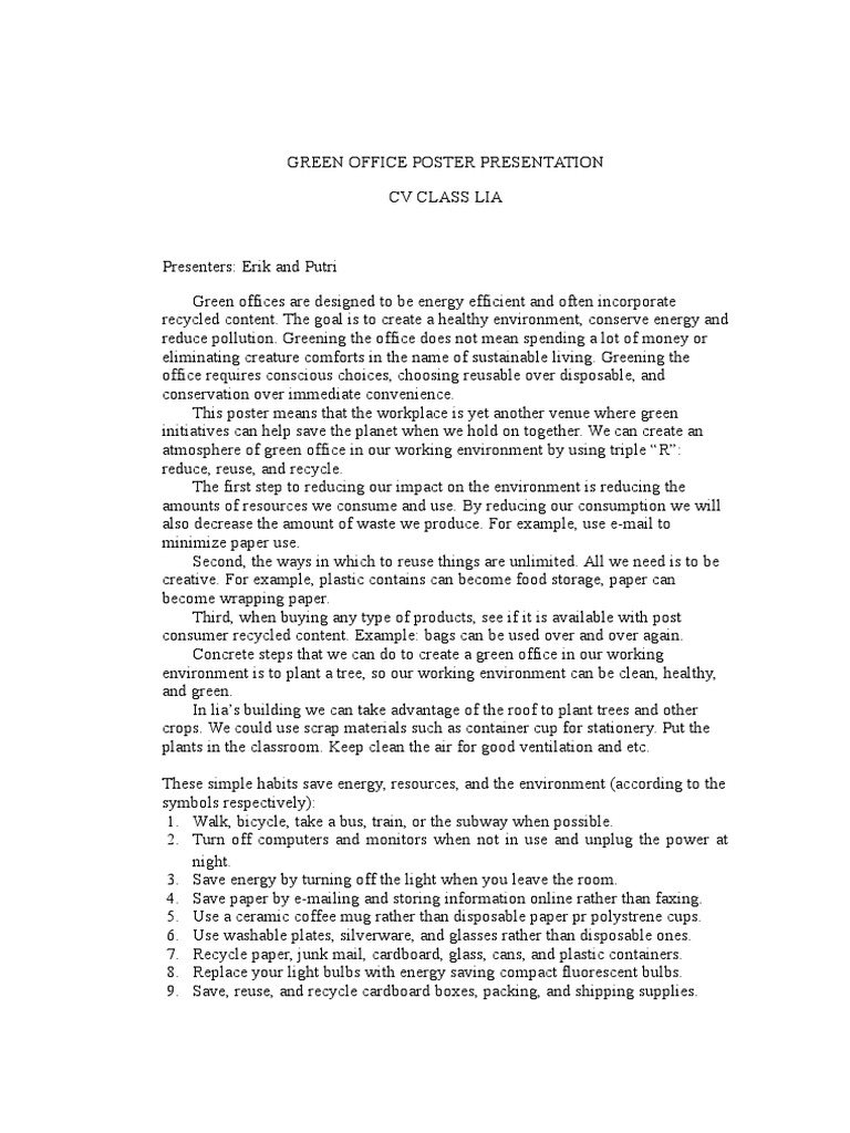 Green Office Poster Presentation | PDF | Reuse | Recycling