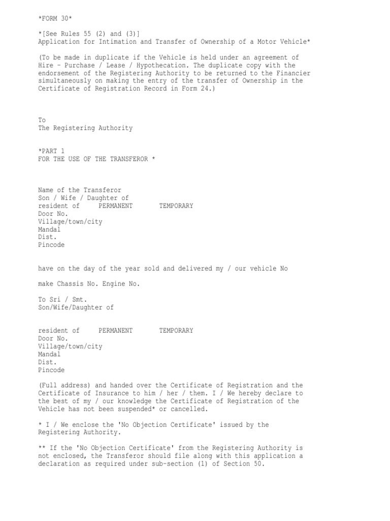 Application For Intimation and Transfer of Ownership of A Motor Vehicle ...