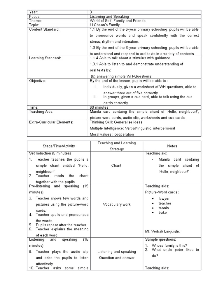 Unit 3 My Cousins My Neighbours Lesson Plan | PDF | Teachers | Question