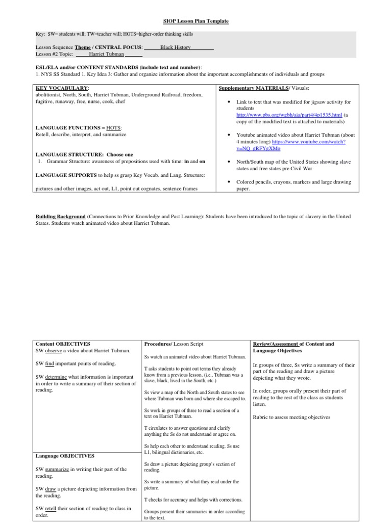 Harriet Tubman Lesson Plan Template | PDF | Reading (Process) | Reading ...