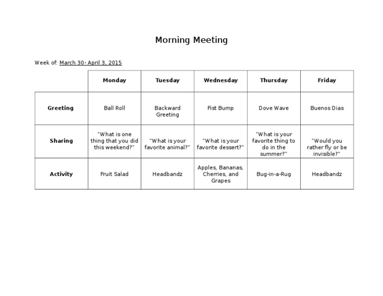 Weekly Morning Meeting Activities | PDF | Self-Improvement