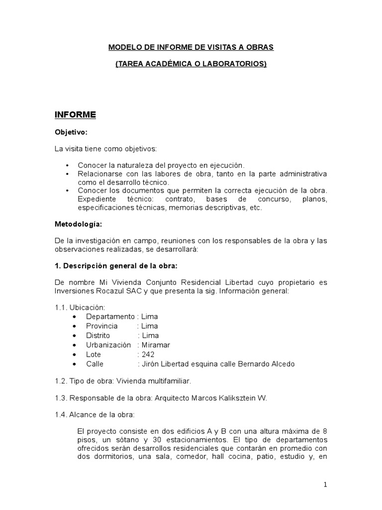 Modelo de Informe de Visitas A Obra | PDF | Arquitecto | Acero