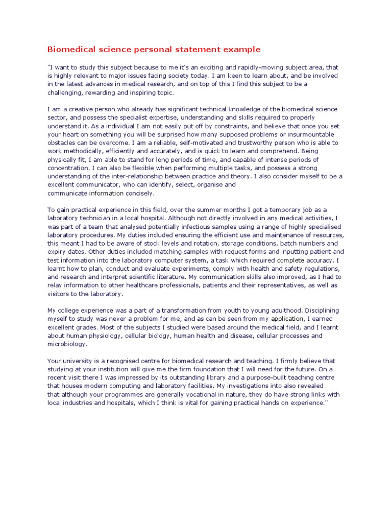 Biomedical Science Personal Statement Example | PDF | Expert | Science