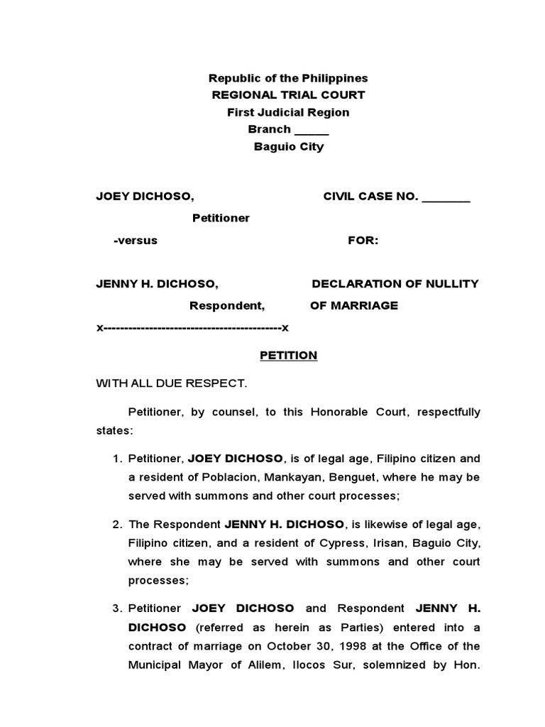 Petition for Declaration of Nullity | PDF | Marriage | Mental Disorder