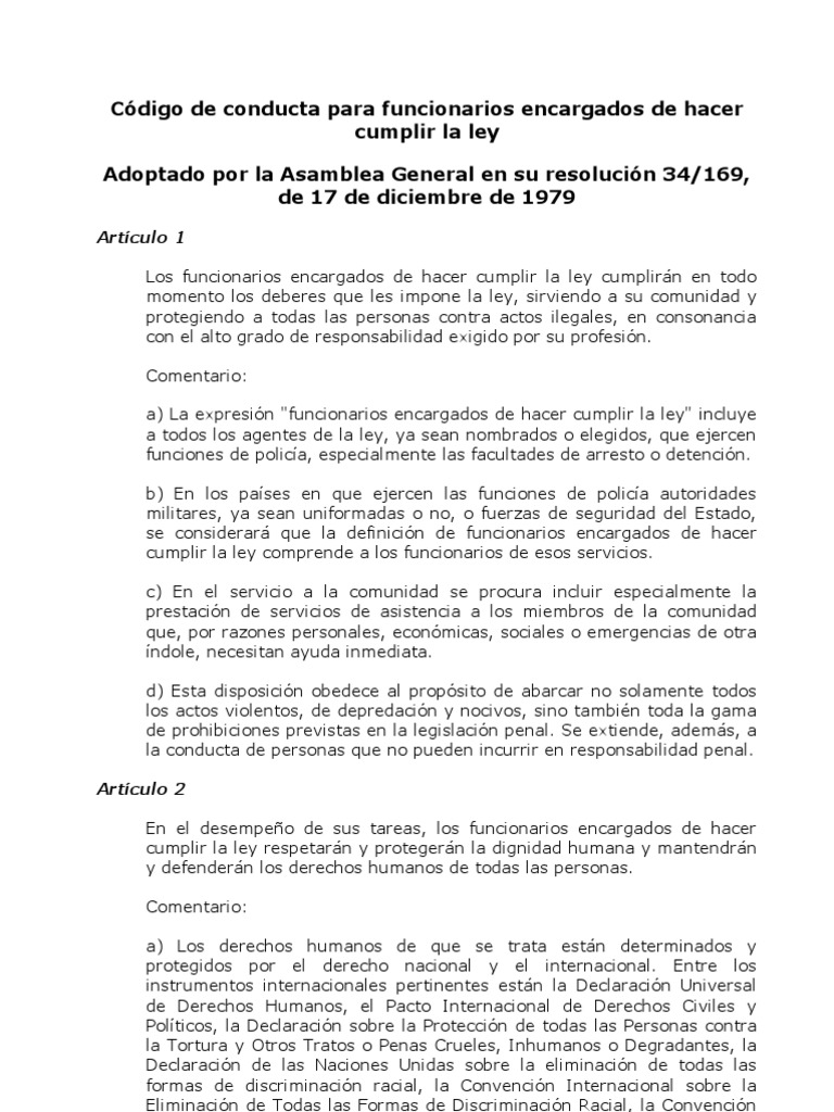 Código de Conducta para Funcionarios Encargados de Hacer Cumplir La Ley | PDF | Tortura ...