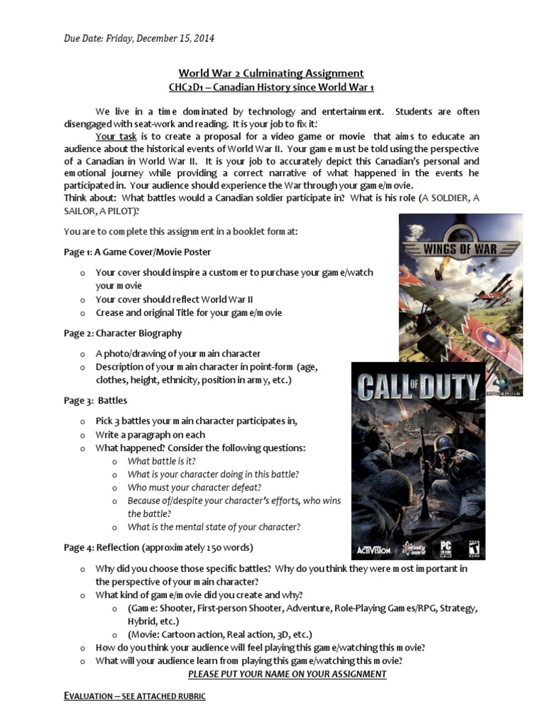Canadian WWII Game/Movie Assignment | PDF | Rubric (Academic) | Evaluation