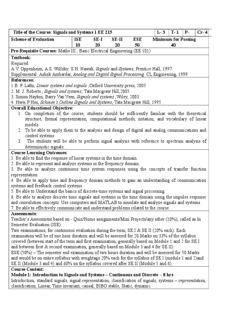 Signals and Systems Syllabus | PDF | Signal (Electrical Engineering) | Laplace Transform