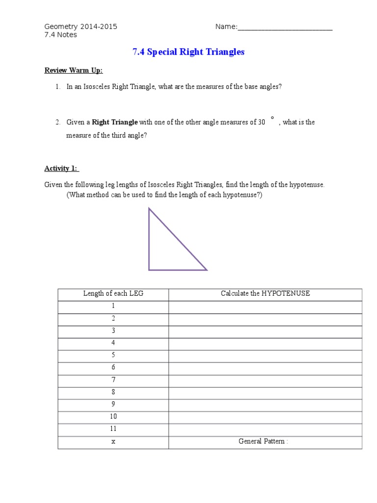 Special Right Triangles Guide | PDF | Teaching Methods & Materials ...