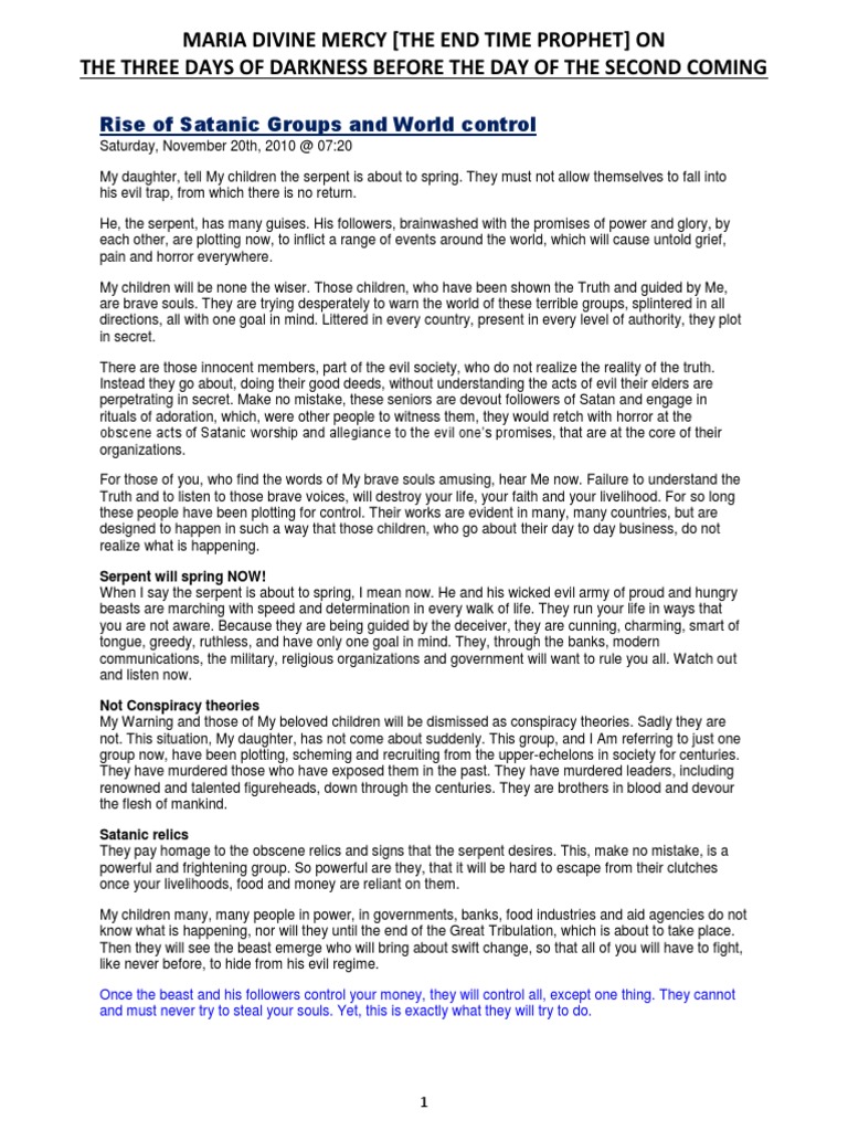 Maria Divine Mercy On The Three Days of Darkness | PDF | Second Coming | God The Father