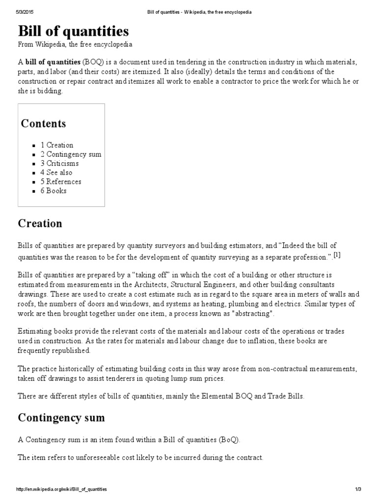 Bill of Quantities - Wikipedia, The Free Encyclopedia | PDF ...