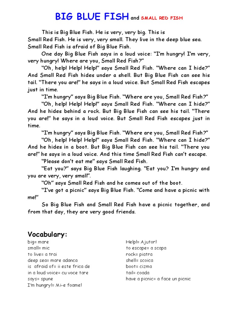 Big Blue Fish and Small Red Fish (Story For Beginners) | PDF
