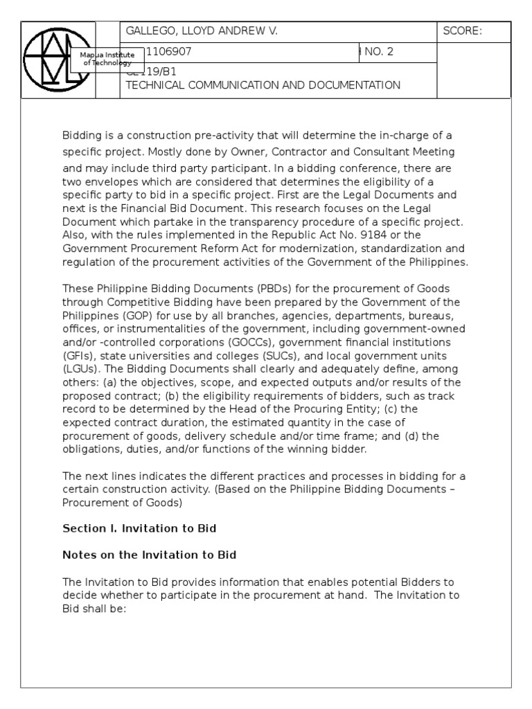 CE119 Technical Documentation "Bidding Documents" | PDF | Construction Bidding | Procurement