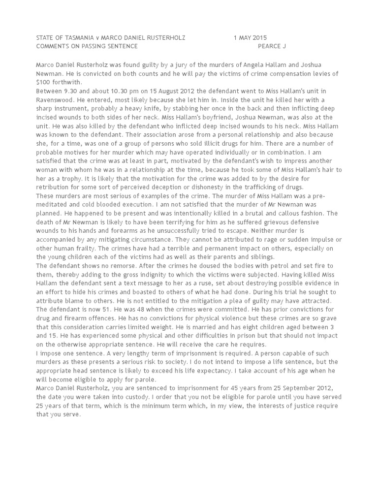 Rusterholz Sentencing Report | PDF | Murder | Parole