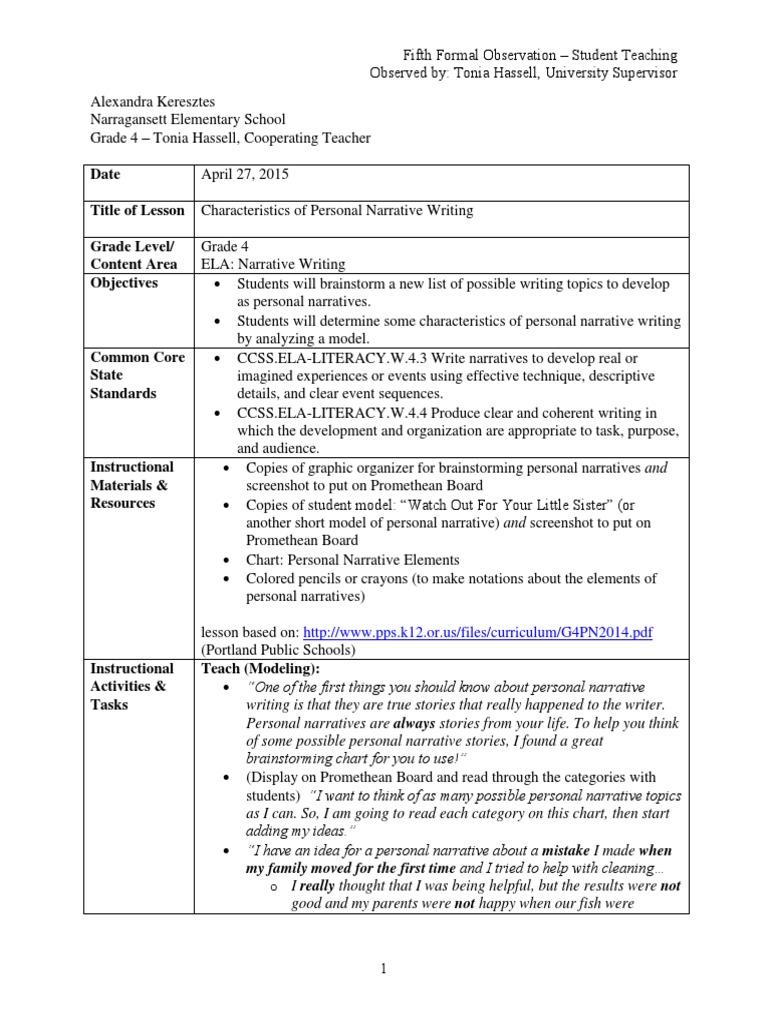 Observation #5 - ELA Lesson, Narrative | PDF | Narrative | Brainstorming