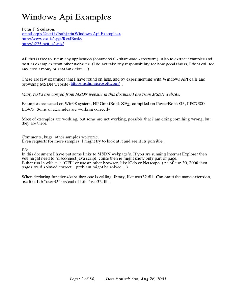 Windows API For Visual Basic and REALbasic | PDF | Library (Computing) | Parameter (Computer ...