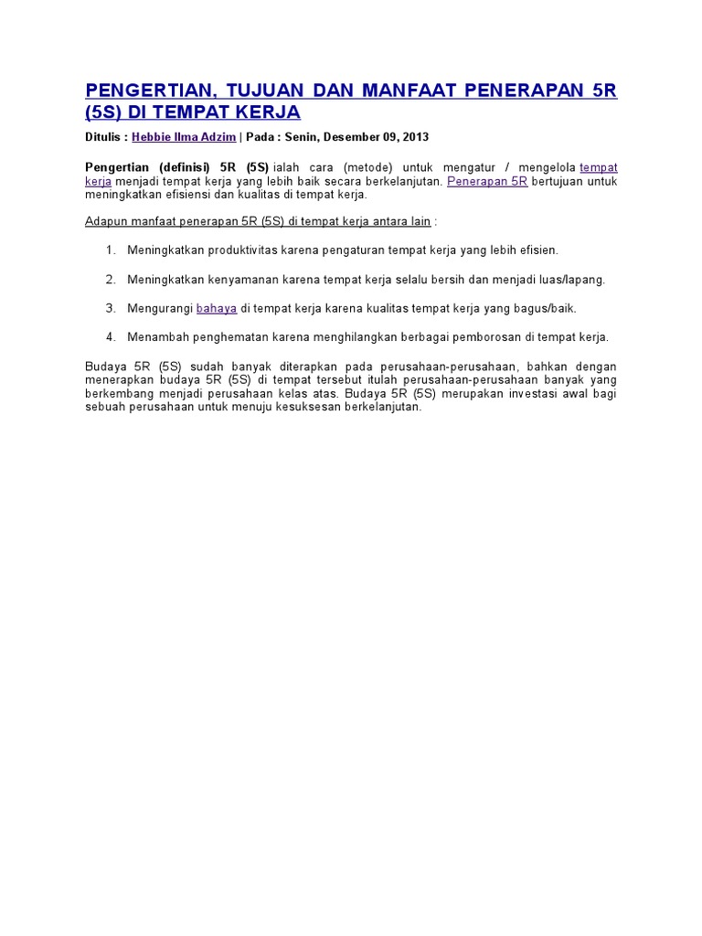 Pengertian, Tujuan Dan Manfaat Penerapan 5r (5s) Di Tempat Kerja | PDF