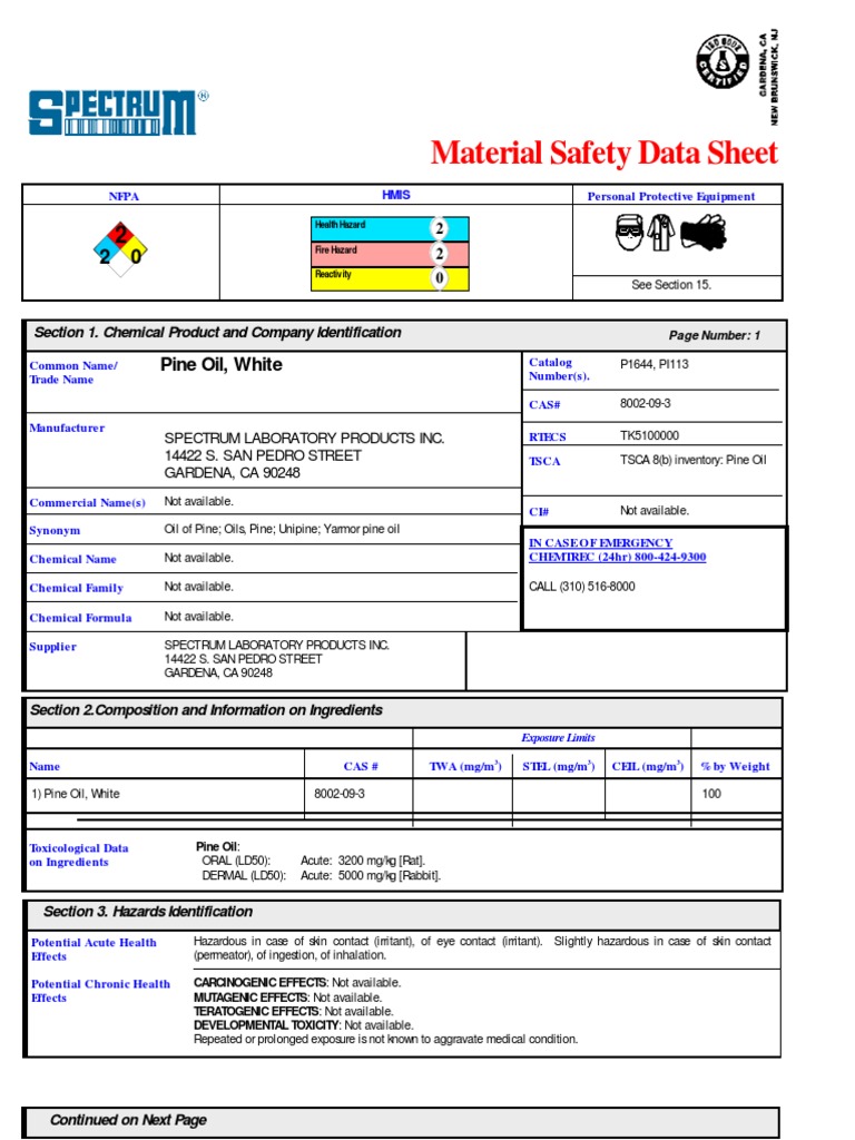 Pine Oil MSDS | PDF | Toxicity | Water