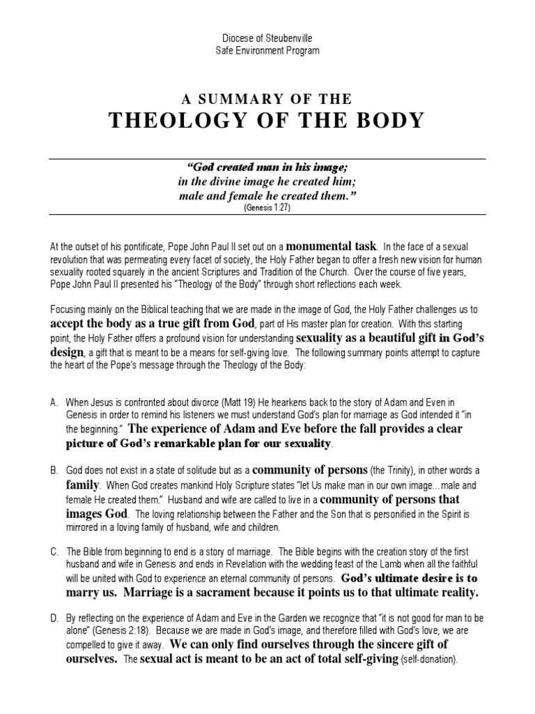 A Summary of The Theology of The Body | PDF | Lust | Adam And Eve